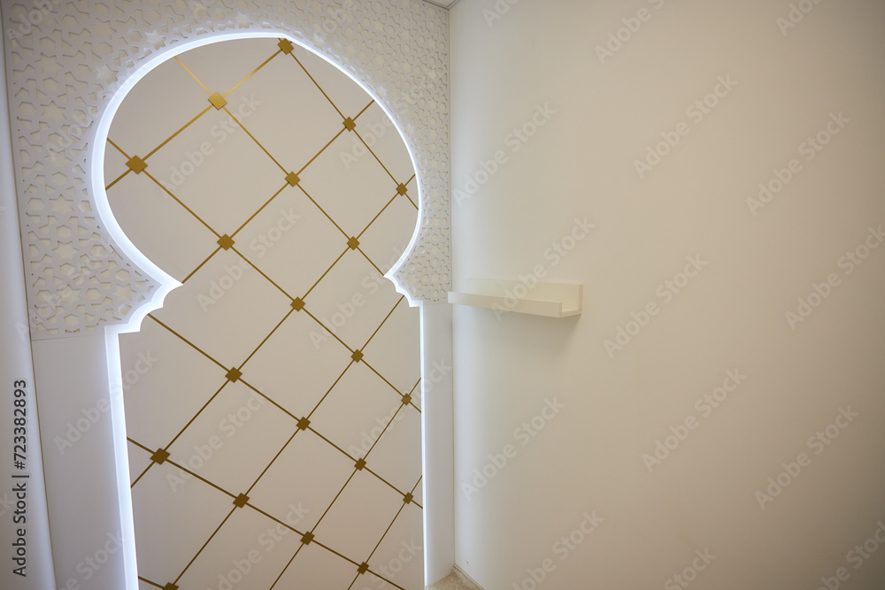 sandblast mirror reflection of the wooden white partition with motifs ...