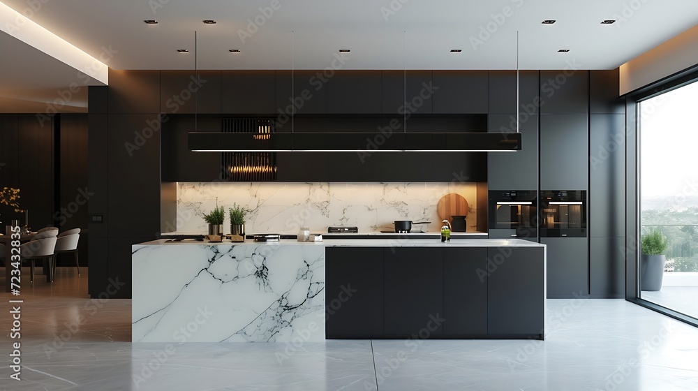 Front view of a modern designer kitchen with smooth handleless cabinets ...
