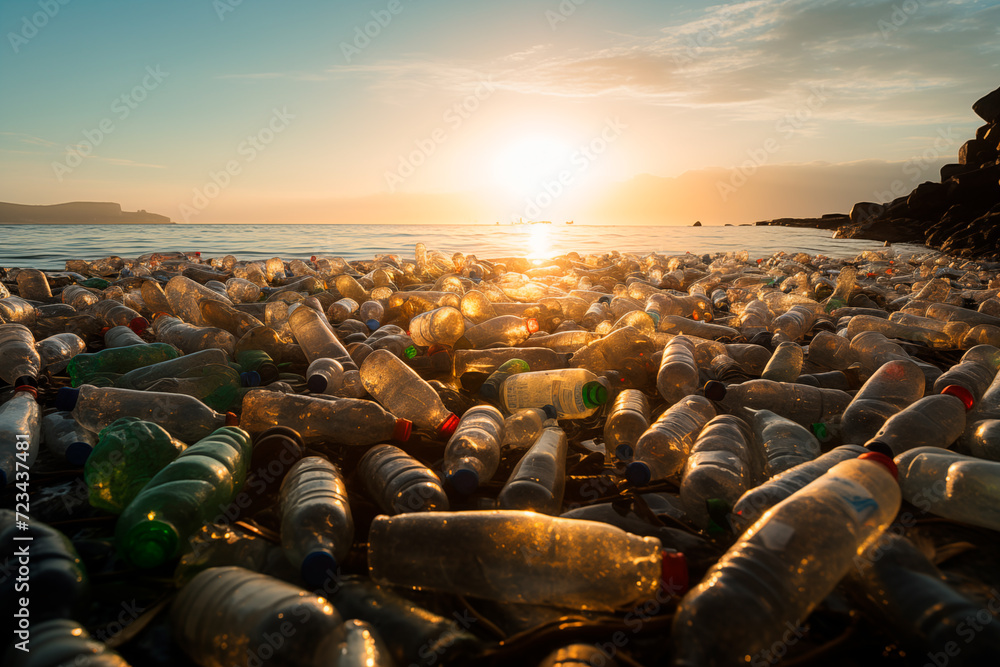 Stock-Foto „landfill of plastic bottles discarded on the beach, garbage ...