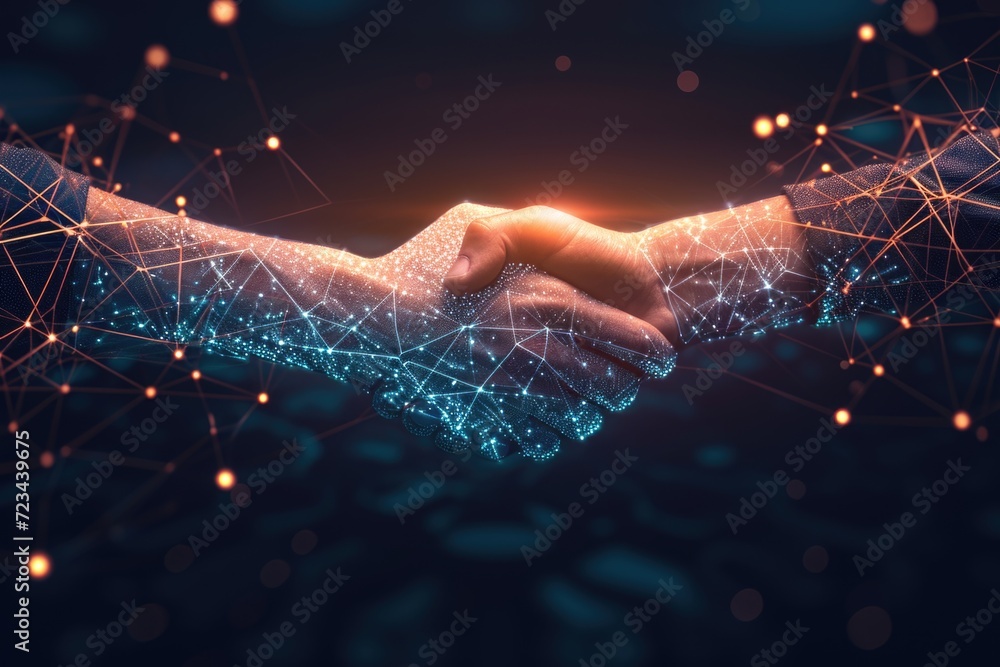 Tech-inspired handshake, symbolizing virtual collaboration and ...