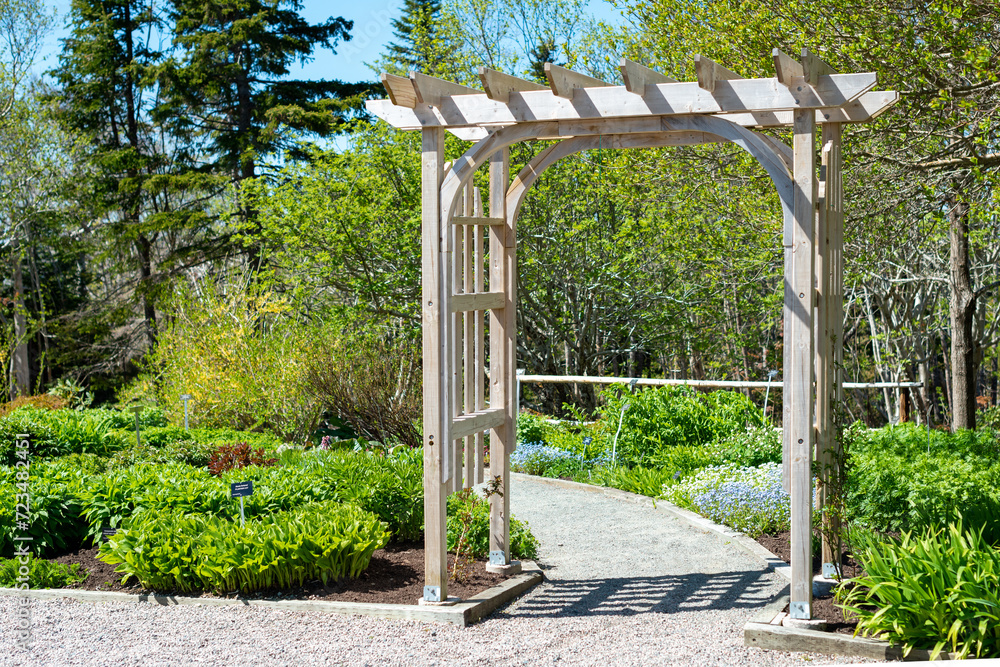An outdoor pine wooden traditional shaped archway or arbor surrounded ...
