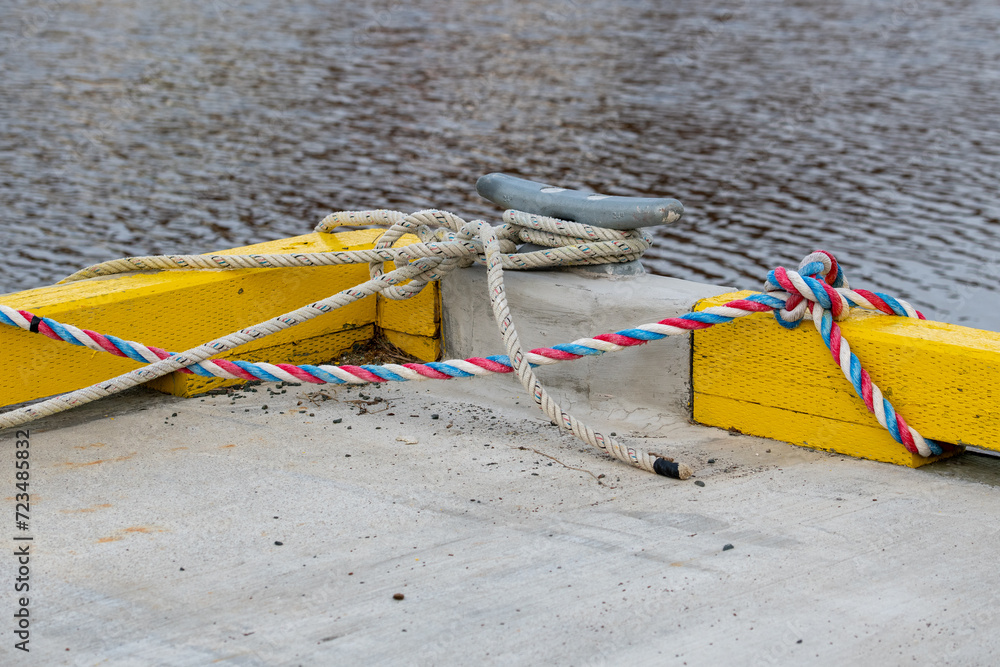 A stainless steel mooring stand or bollard fixed to a yellow wooden ...