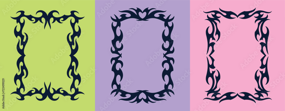 Neo Tribal Frames Set. Y2K Tattoo Borders. Vector Gothic Acid Rectangle ...