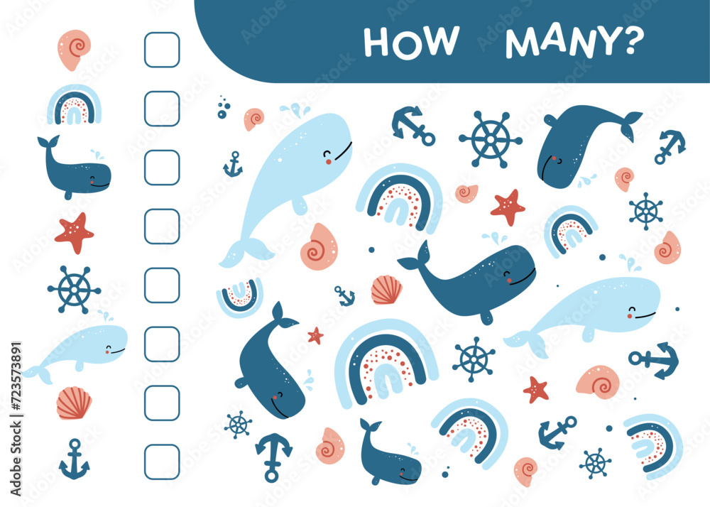 Mathematical game. Count how many sea animals and and things. Children ...