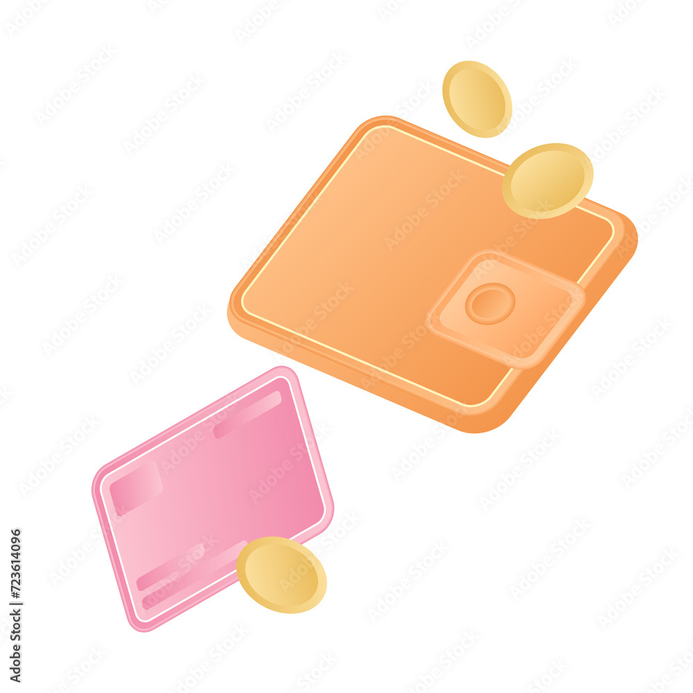 Light beige color wallet, pink credit card, coins, floating. Isolated ...
