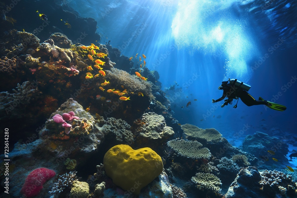 Deep sea diver Diving under the sea where there are many fish ...