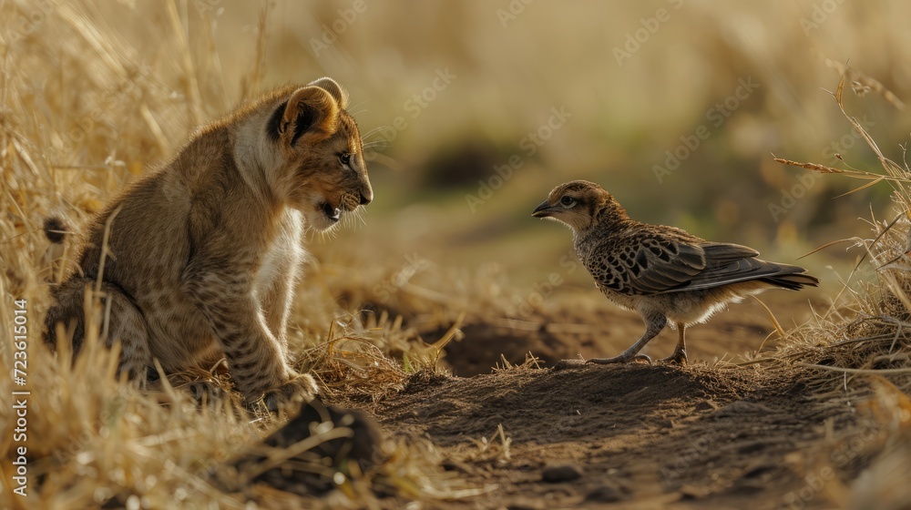 Curious Lion Cub and Bird Encounter in Golden Grassland - A Moment of ...