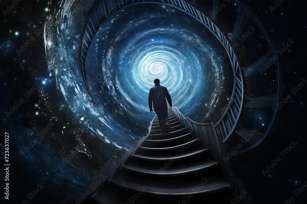 Man walking up spiral stairs space galaxy. Human on ladder with ...