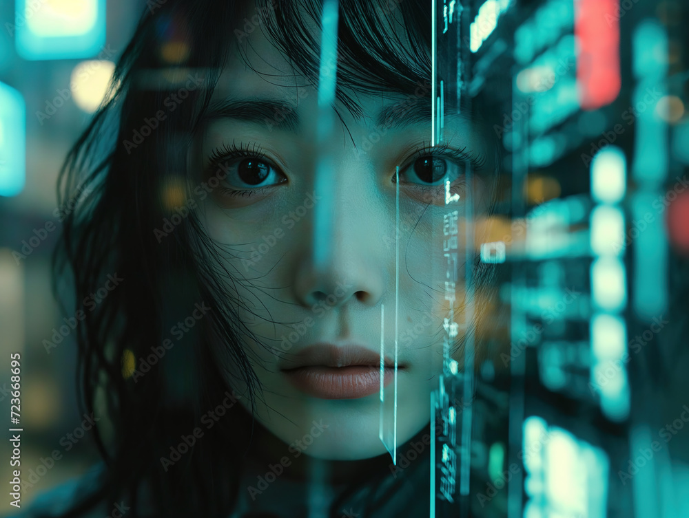 A mesmerizing human face peeks through a glass window, captured in a ...
