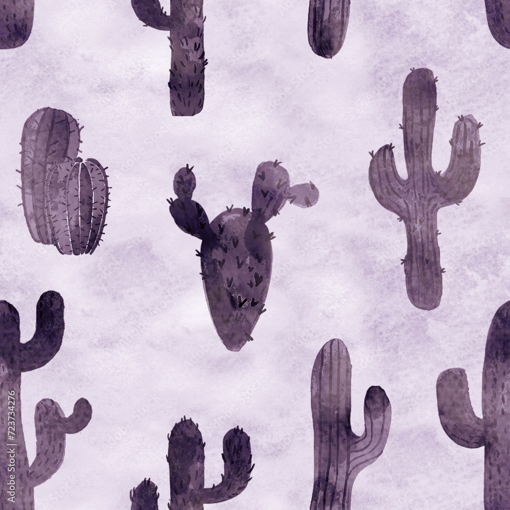 Seamless watercolour digital cactus pattern on paper texture. Botanical ...