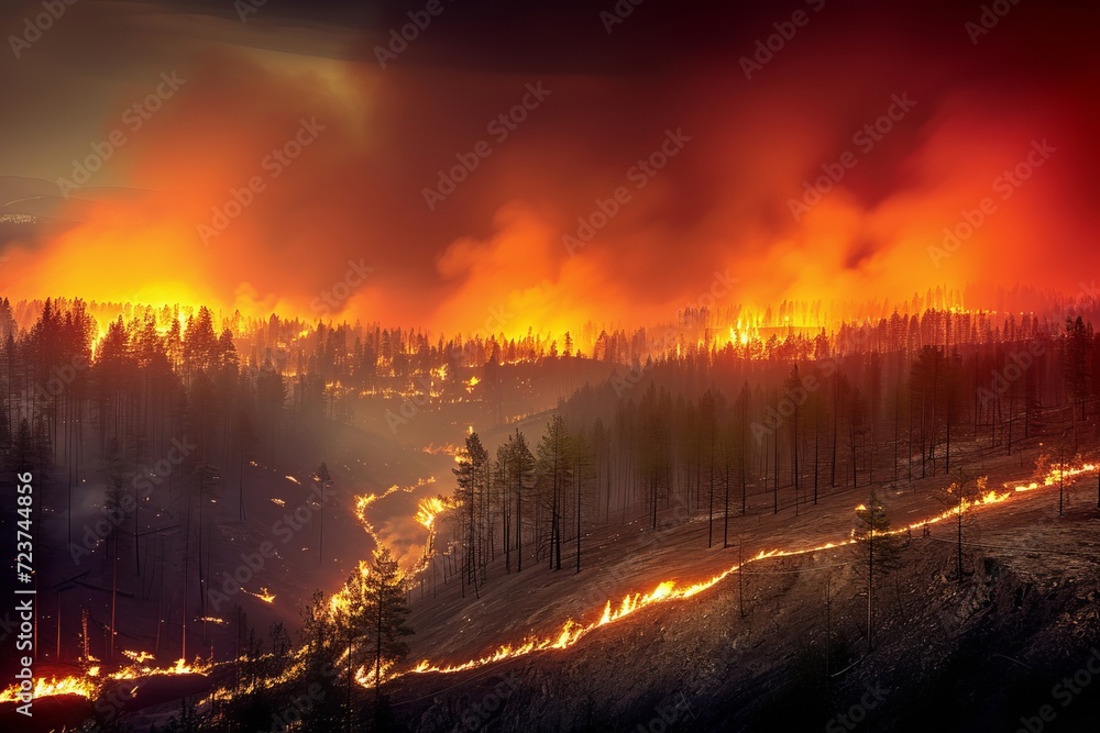 Forest fire disaster illustration, trees burning at night, wildfire ...