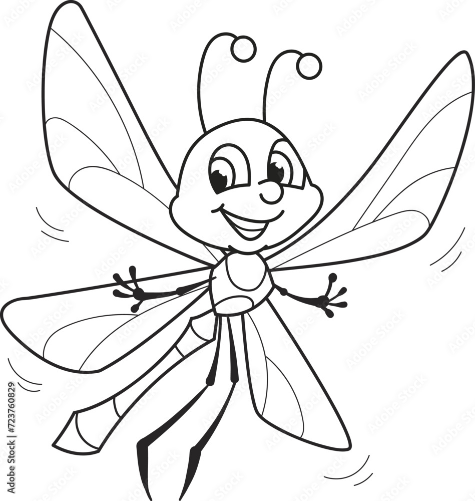 Coloring page outline of cartoon smiling cute insect dragonfly ...
