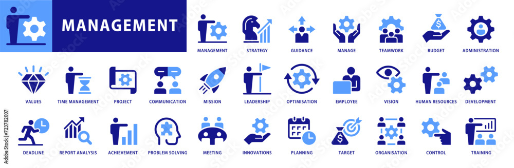 Management icon set. Dual Color Flat Style icon collection. Vector ...