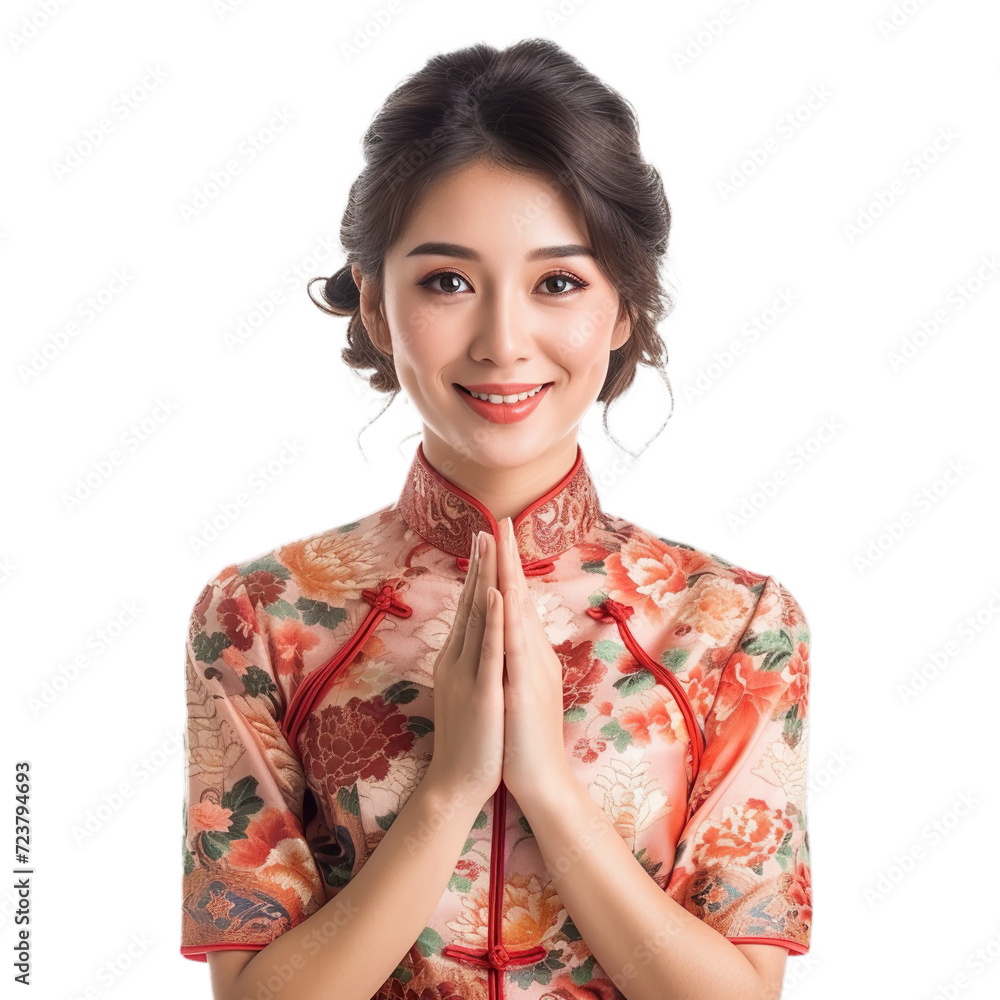 Beautiful Asian woman in traditional red cheongsam dress holding hands ...