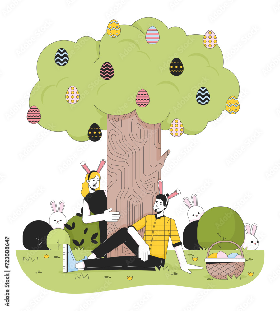 Easter egg hunting 2D linear illustration concept. Caucasian couple ...