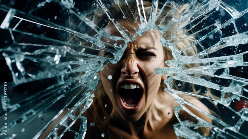 Depressed angry young woman stands behind broken glass. Sad woman ...