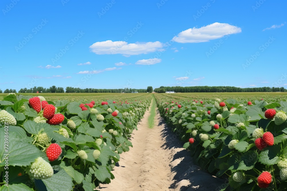 Lush raspberry field extending under warm sun with clear blue sky and ...