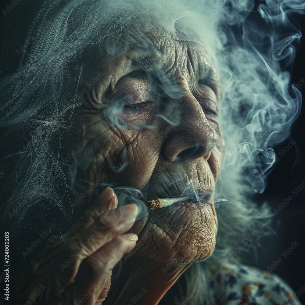 An elderly woman's wrinkled face, shrouded in smoke from the cigarette ...
