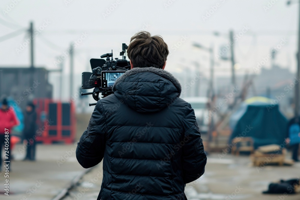 Cameraman at work. Back view of a film director directing a movie scene ...