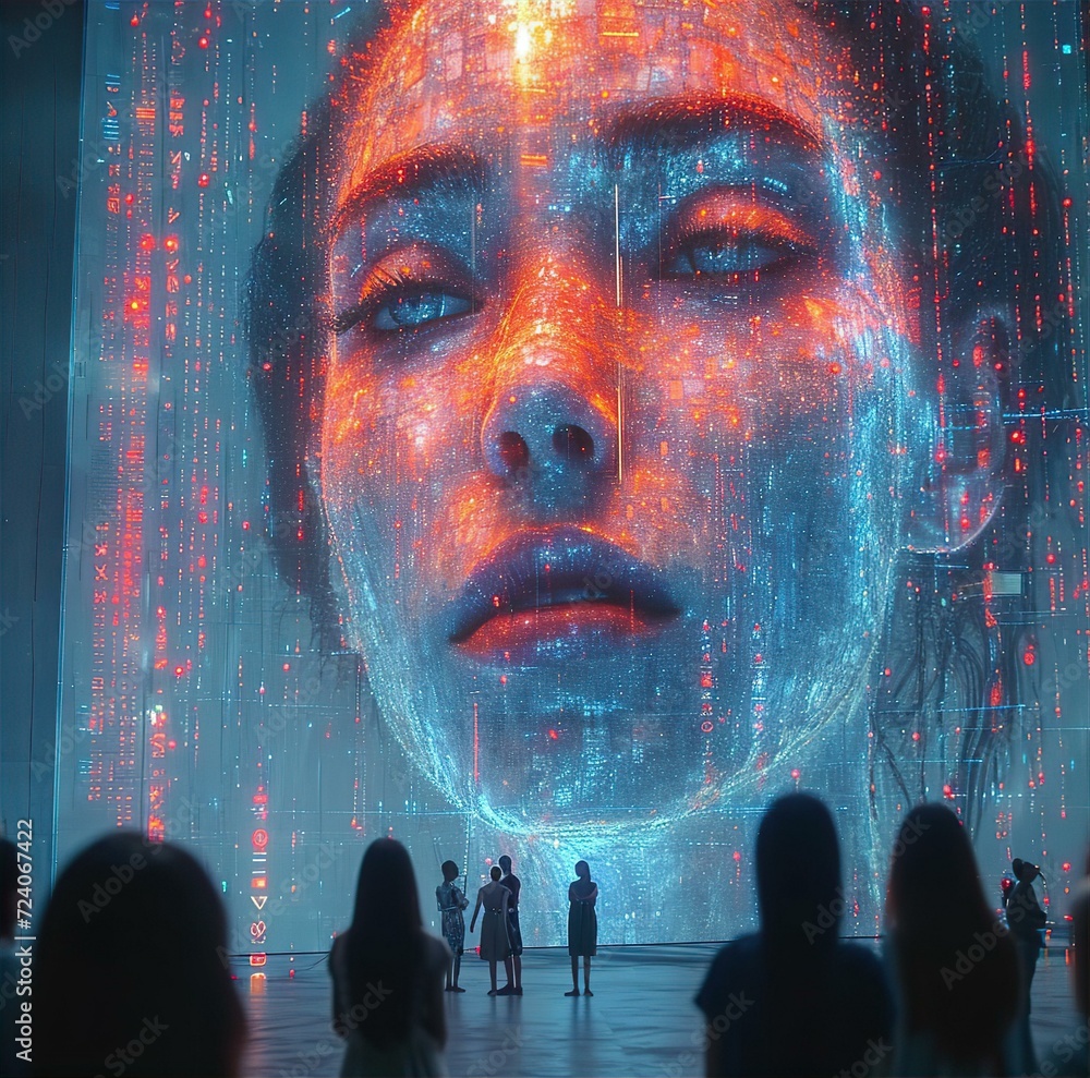 Digital exhibition interior,. AI concept visualisation, people watching projection on walls ...