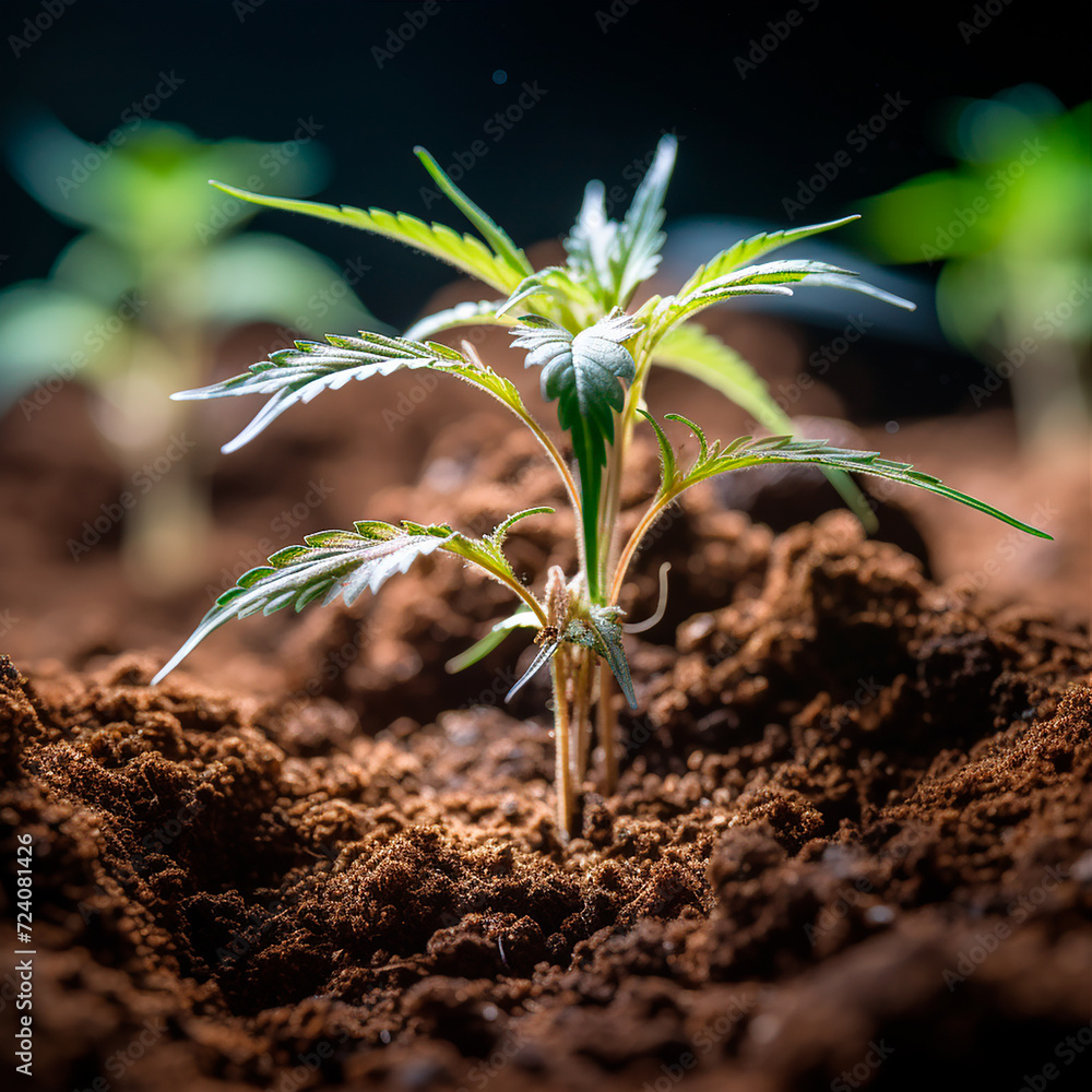 Semilla floreciendo de la tierra con tallo verde y pequeñas hojas Stock ...