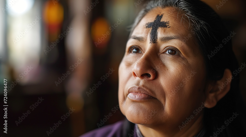 Elderly multiracial woman with an ashen cross on her forehead. Ash ...