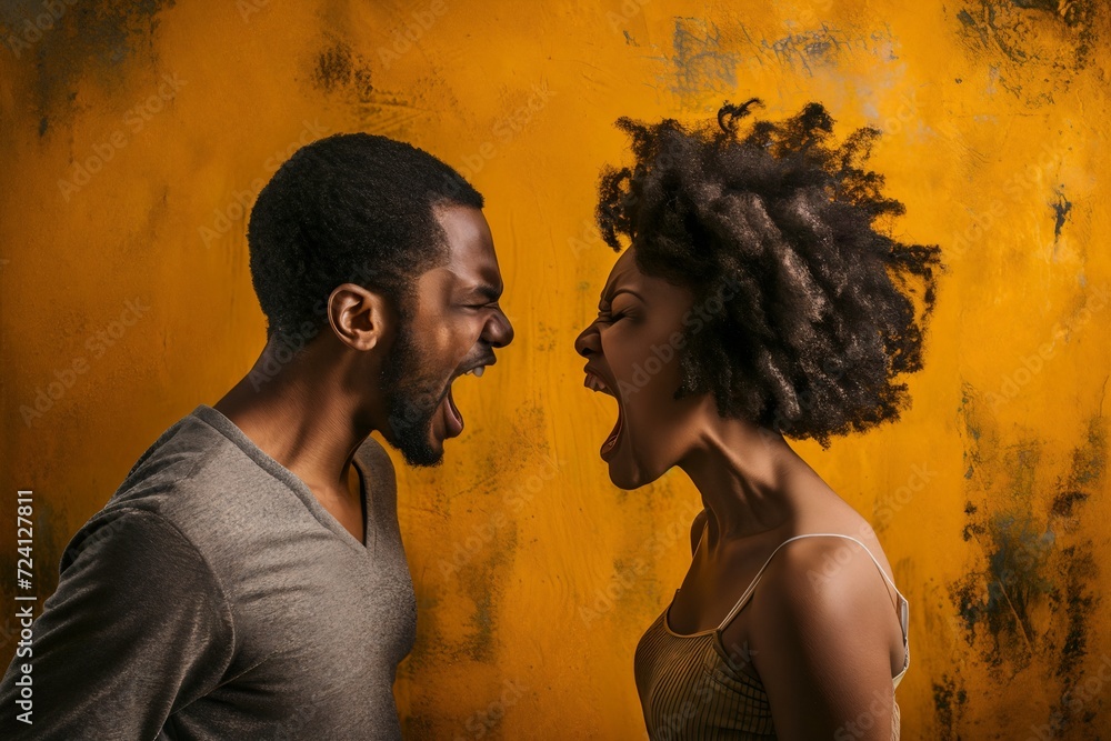 Angry young adult african american woman yelling versus her husband ...