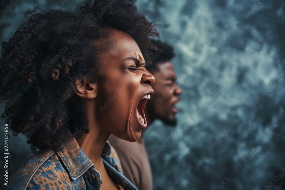 Angry young adult african american woman yelling versus her husband ...