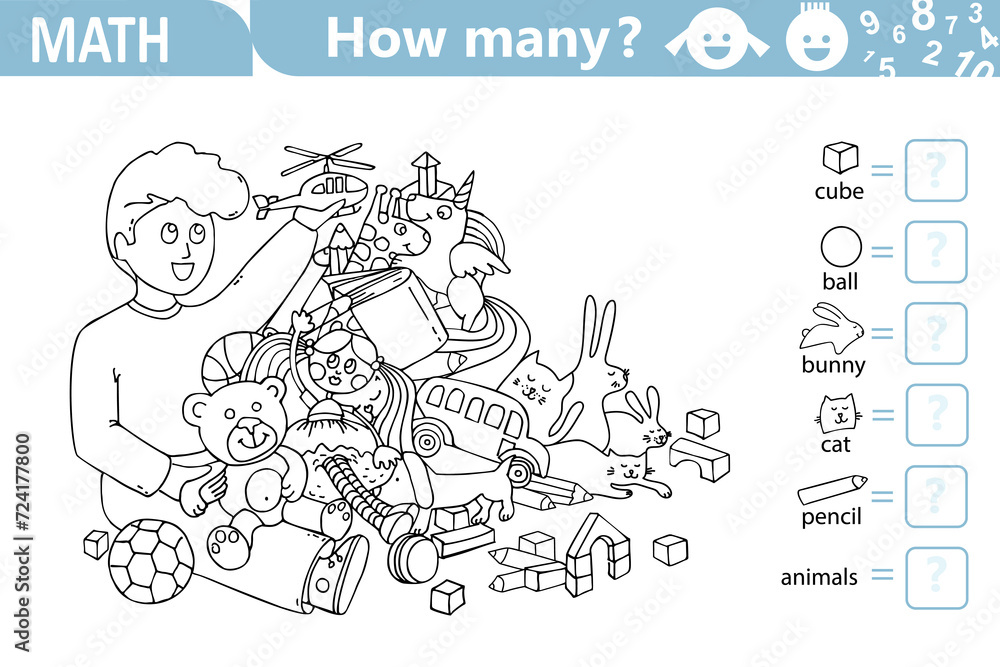 Vector de Stock Counting math game for kids. Boy with Pile of Toys ...