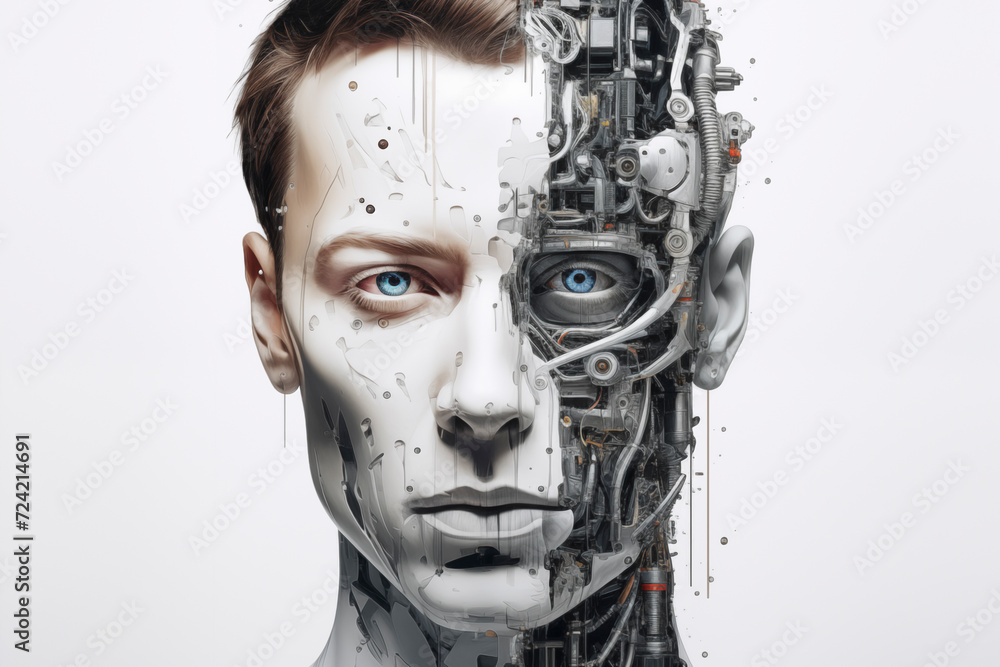 Front view portrait half man half robot AI artificial Intelligence ...