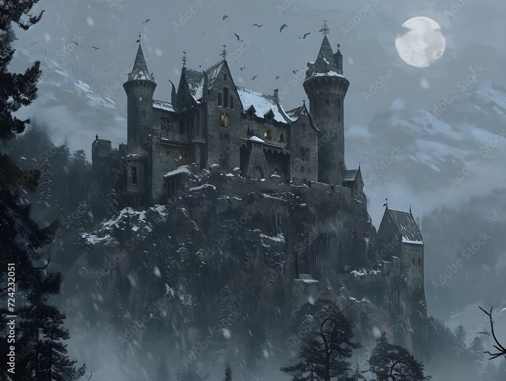 Majestic Gothic Castle On Cliff Edge Under Full Moon - Medieval ...