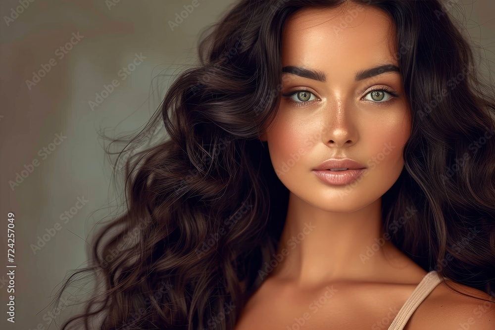 A striking fashion model with long, brown hair poses for a glamorous ...