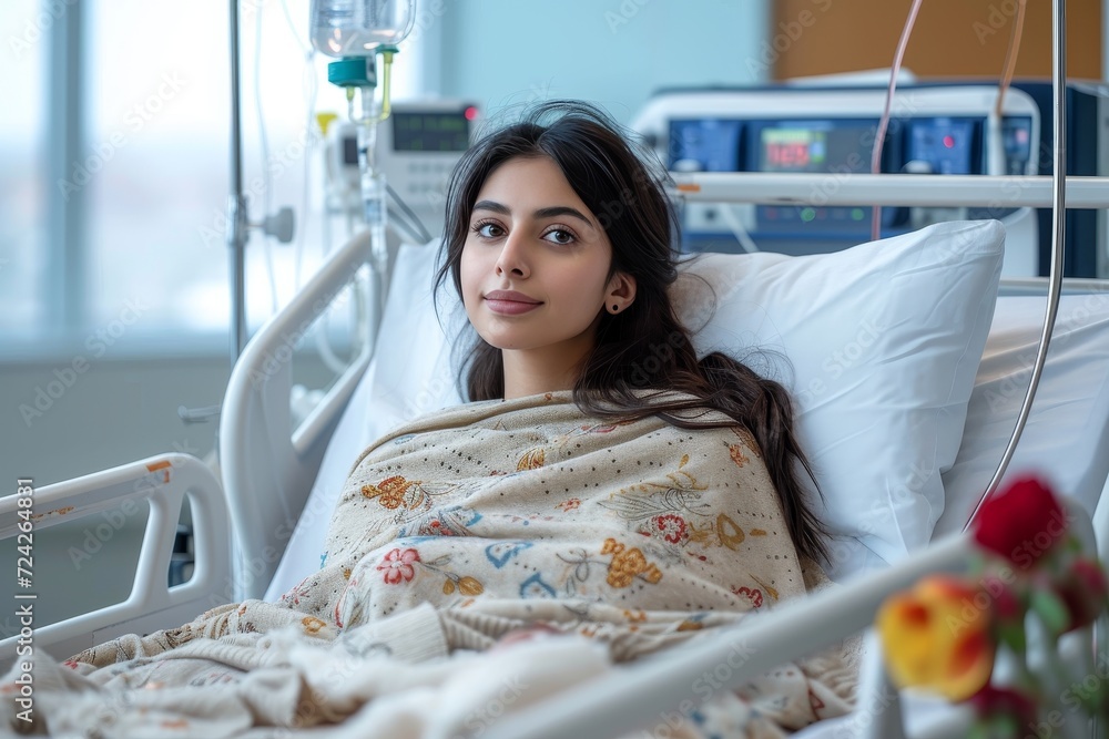 Стоковое фото «A vulnerable woman lies in a sterile hospital room, her ...