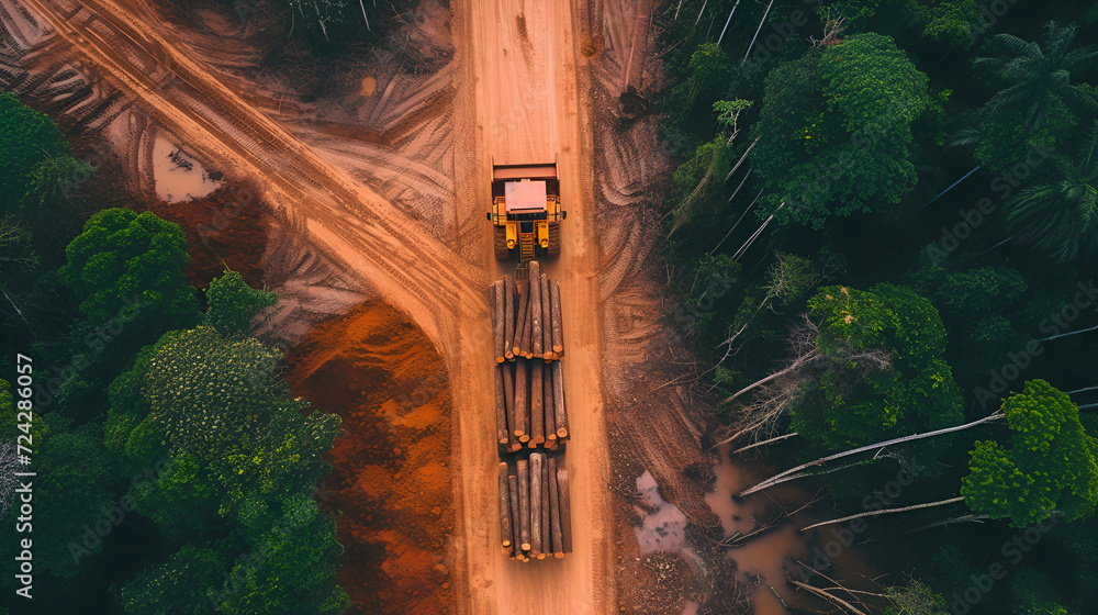 Aerial shot of a truck on a dirt road in a deforested area. The global ...