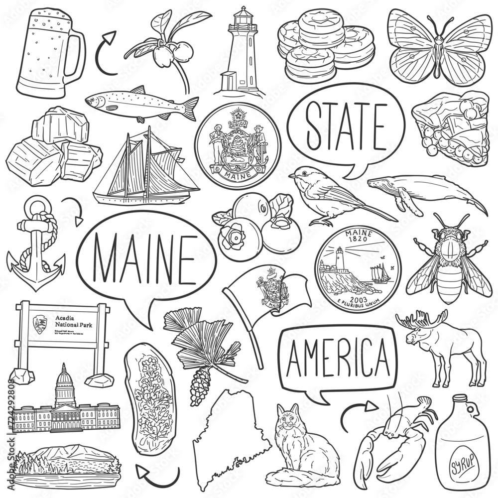 Maine State Doodle Icons Black and White Line Art. United States ...