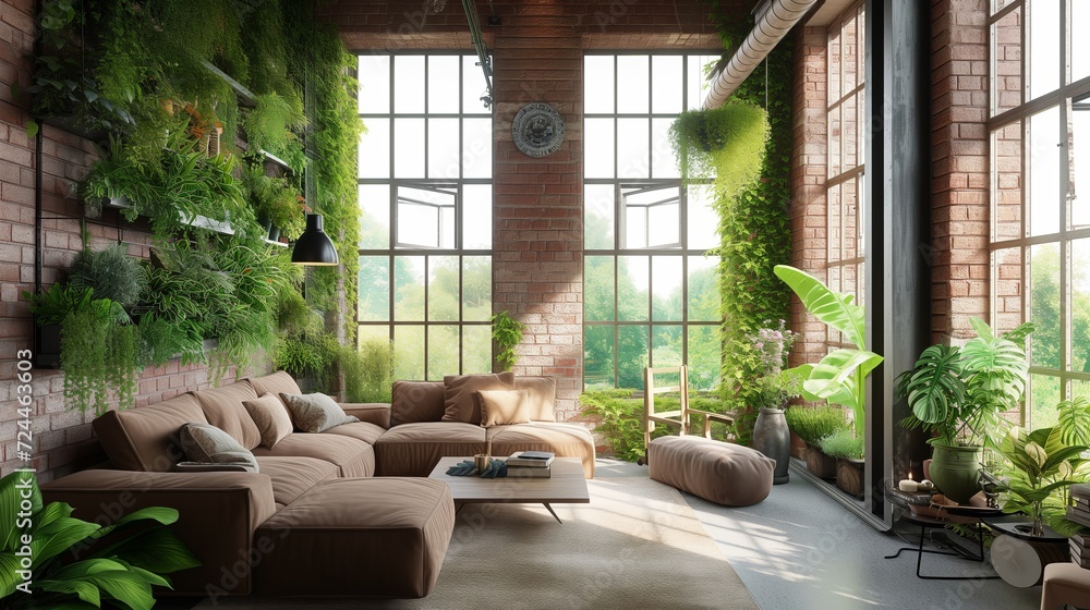 Interior living room nature indoors with lush greenery, hanging plants ...