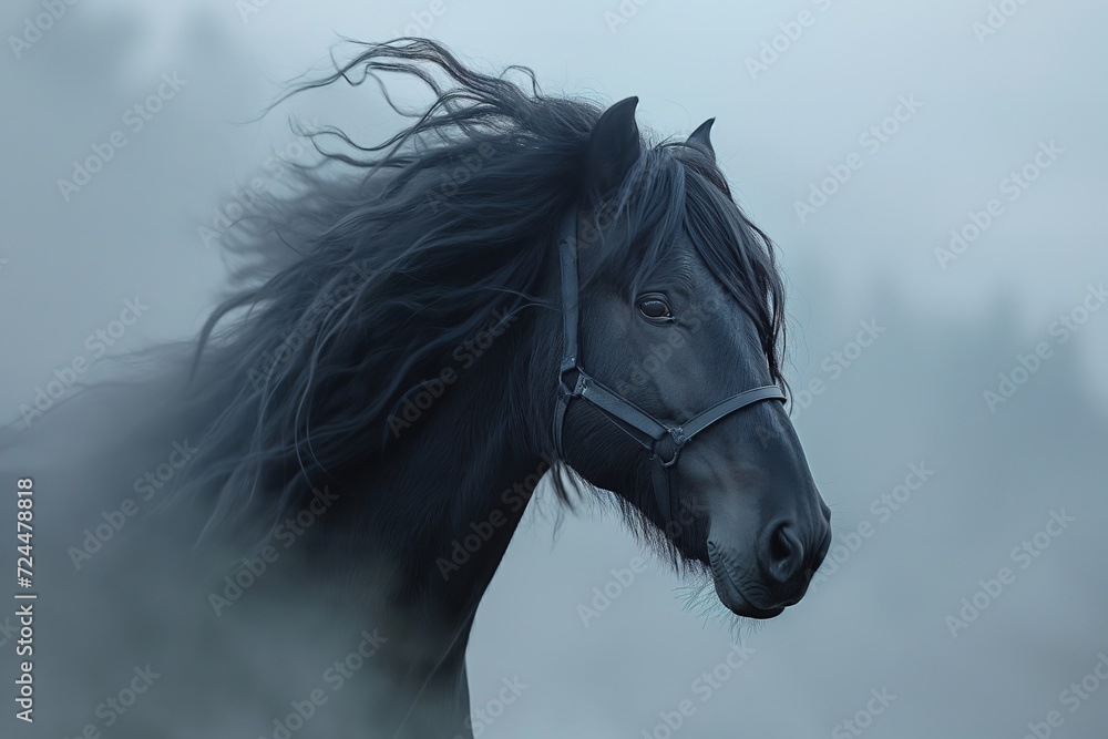 A majestic mustang mare with a flowing black mane gallops gracefully ...