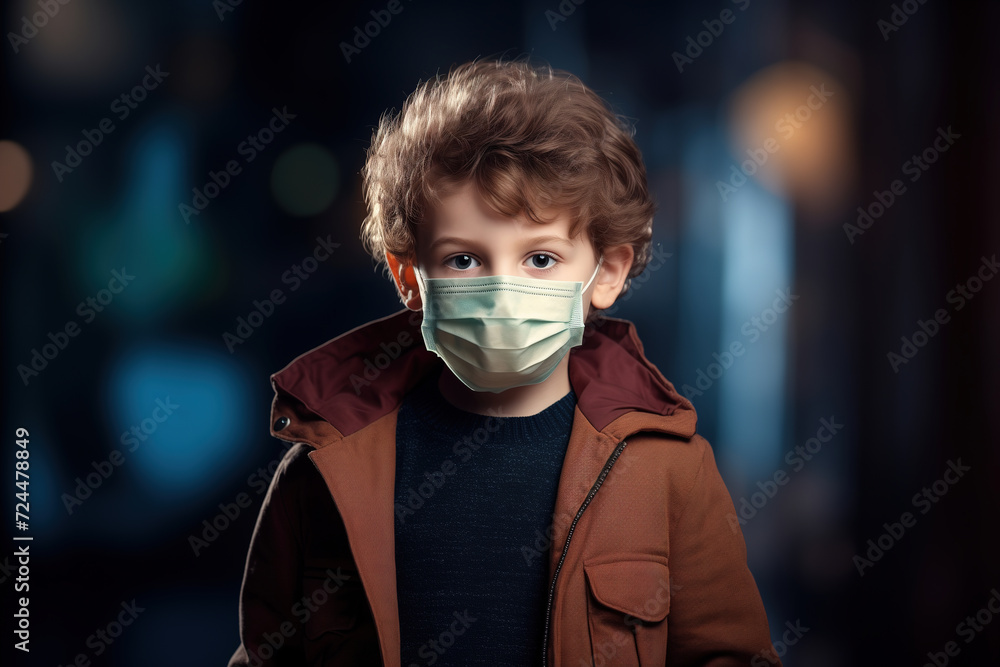 A young boy, clad in a jacket and wearing a mask, stares out into the ...