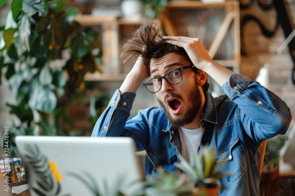 Young man working at the office wearing glasses crazy and scared with ...