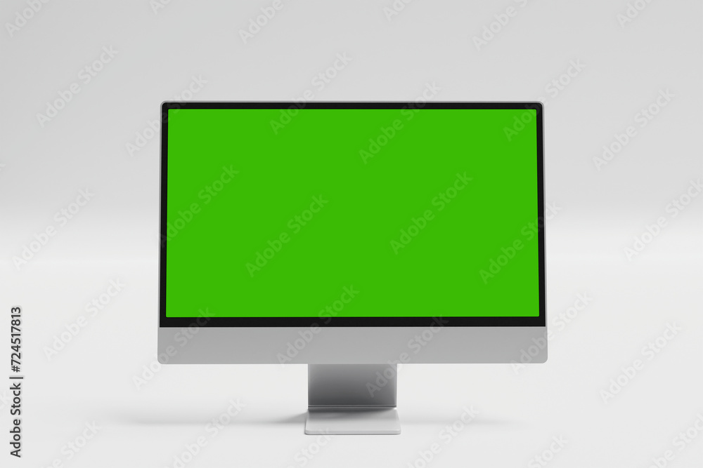 Deskop computer display with green screen isolated on white background ...