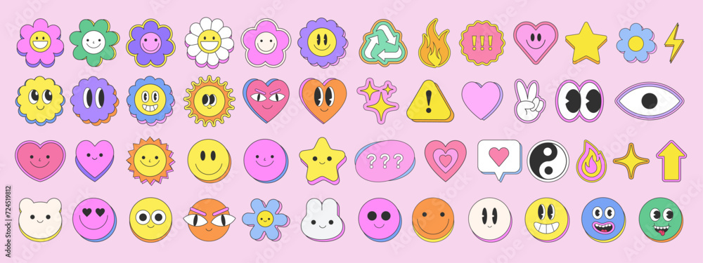 Cute Funky Emoticon Funny Characters. Trendy Y2k Smile Emoji Stickers ...