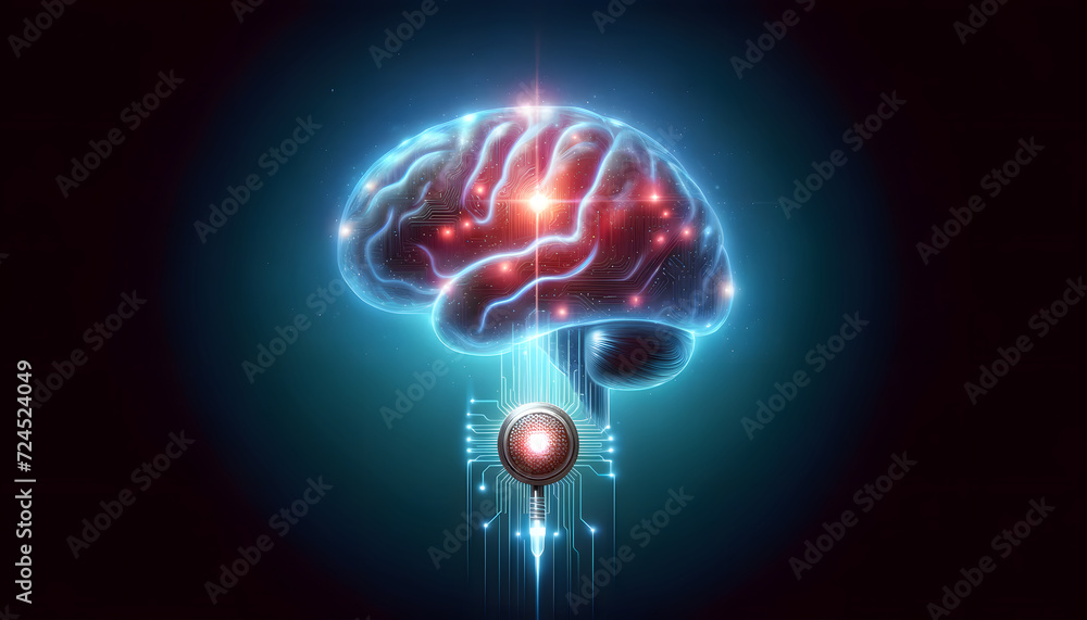 Head with implanted micro chip. Brain-computer interface to connect ...