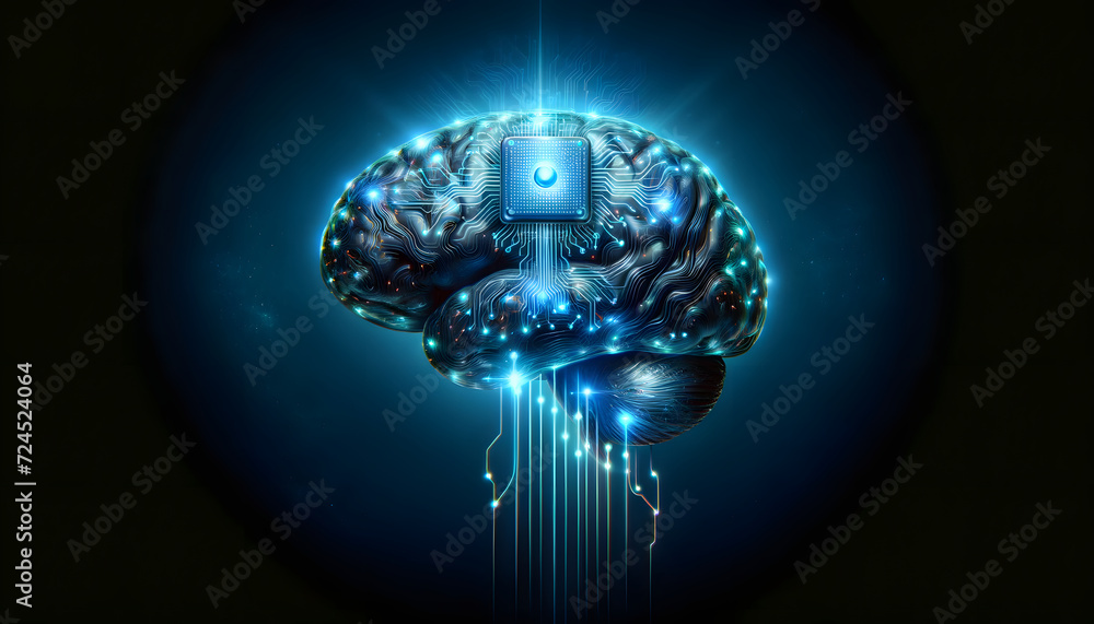 Head with implanted micro chip. Brain-computer interface to connect human brains with external ...