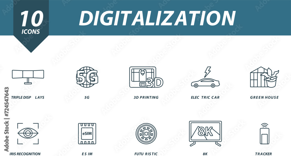 Digitalization outline icons set. Creative icons: triple displays, 5g ...