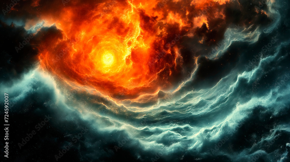 Glowing red and yellow fireball with flames and lightning over a ...