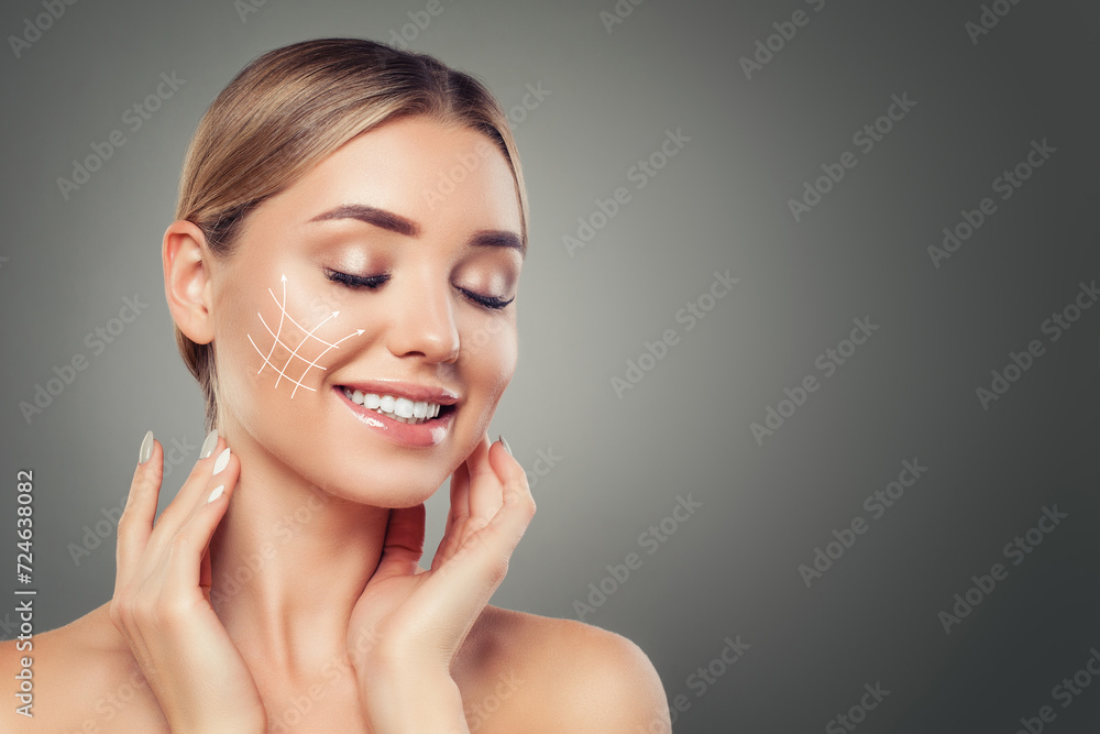 Perfect woman. Face lift anti-aging lines on young female face. Graphic ...