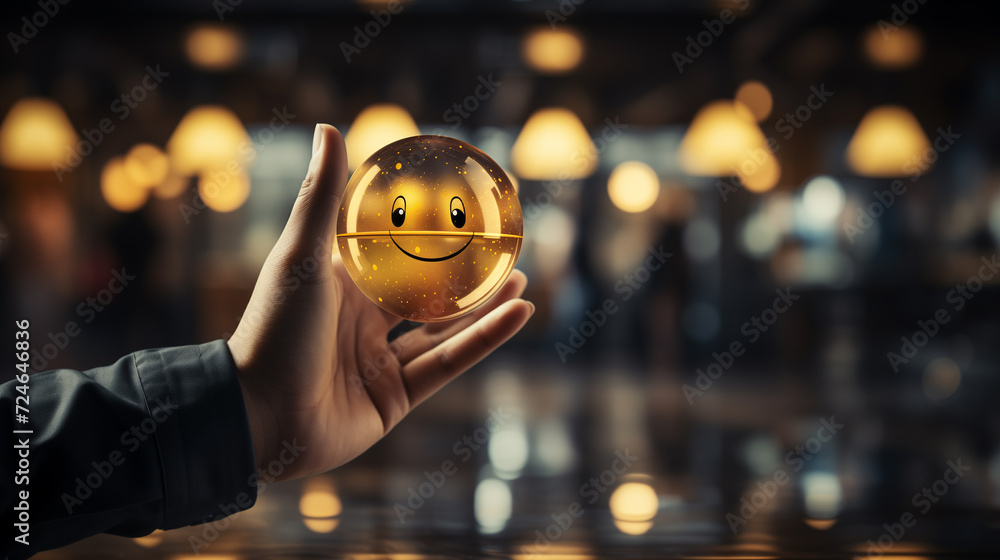 Generative AI , Hand of Business people press the smiley face emoticon ...