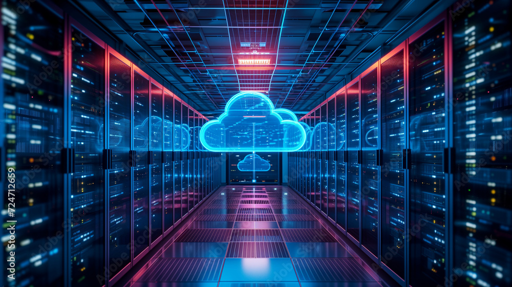 Corridor in Working Data Center Full of Rack Servers and Supercomputers with Cloud Storage ...