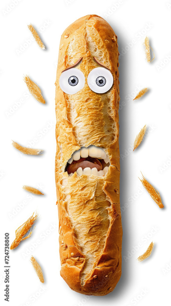 .collage, bread with eyes and an open mouth with teeth, afraid loaf ...
