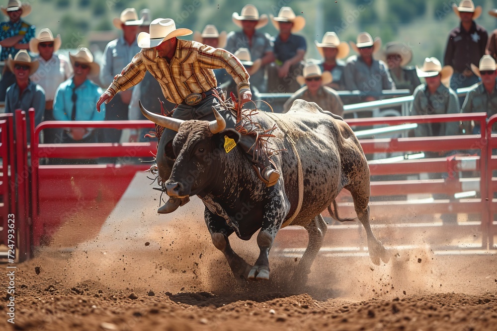 Amidst the roaring crowd and dust-filled bullring, a fearless cowboy in ...